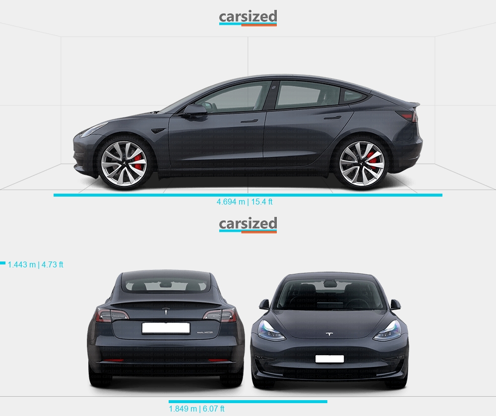 Tesla Model 3 2017-2023 Abmessungen Seitenansicht