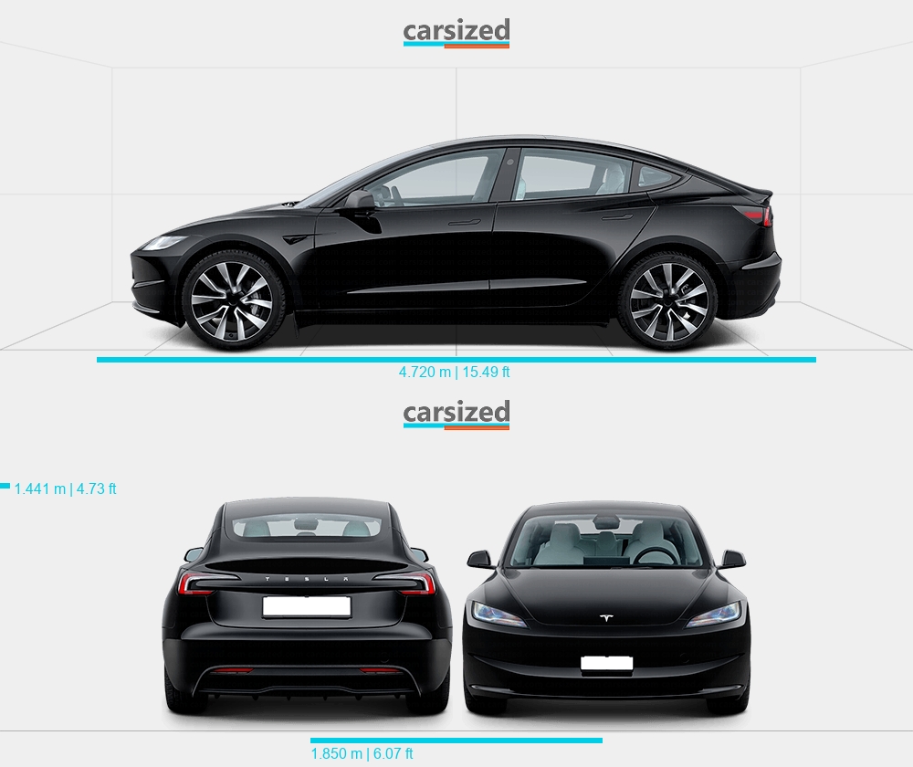 Tesla Model 3 2023-present Dimensions Side View