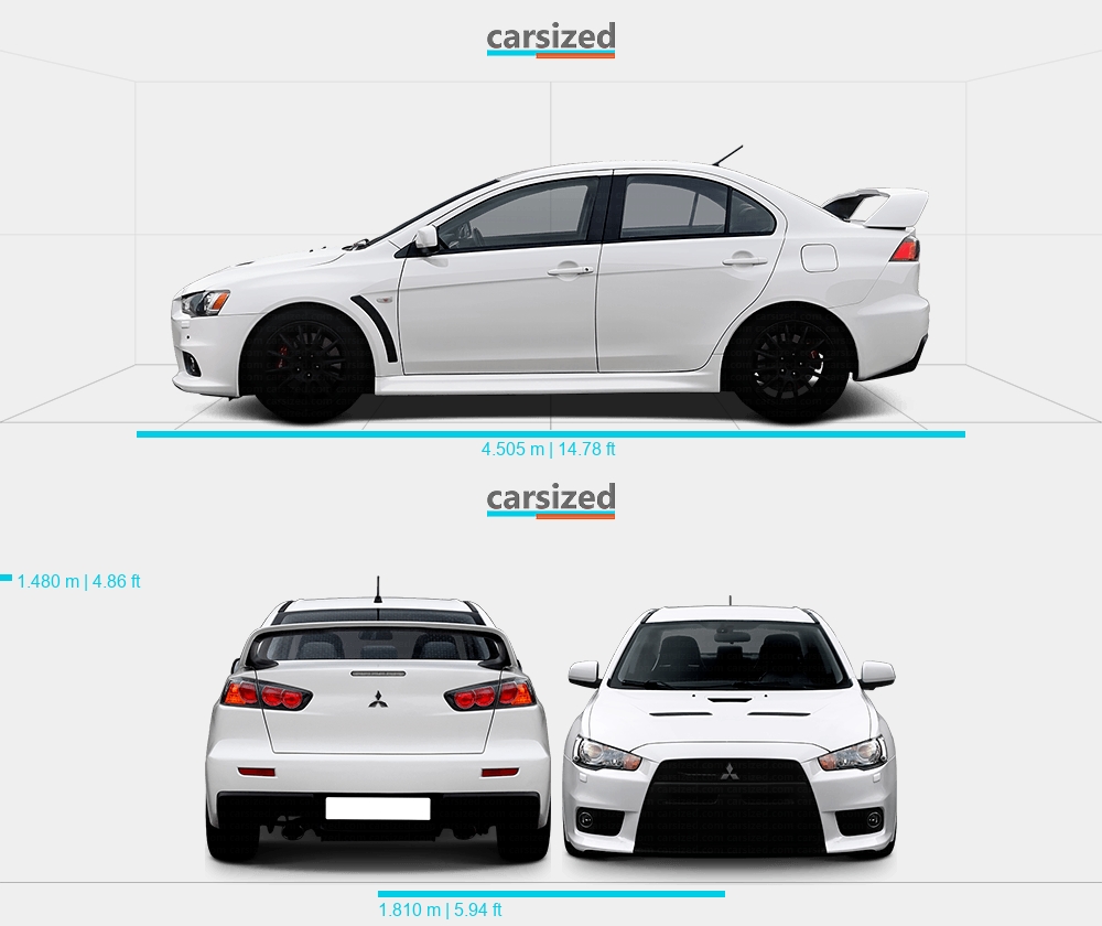 Mitsubishi Lancer Evolution 2007-2016 Dimensiones Vista frontal